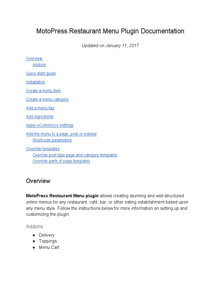 Restaurant Menu Plugin Documentation | Download Free PDF | Menu | Lunch
