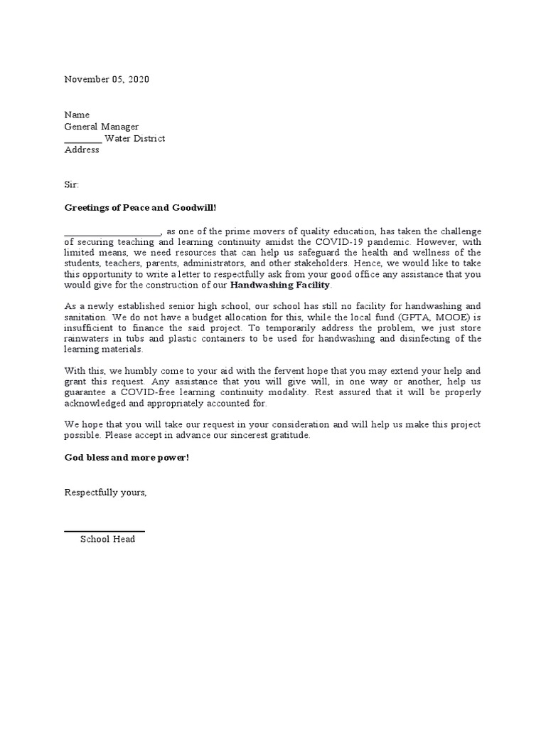 Letter Request For Handwashing Facility | PDF