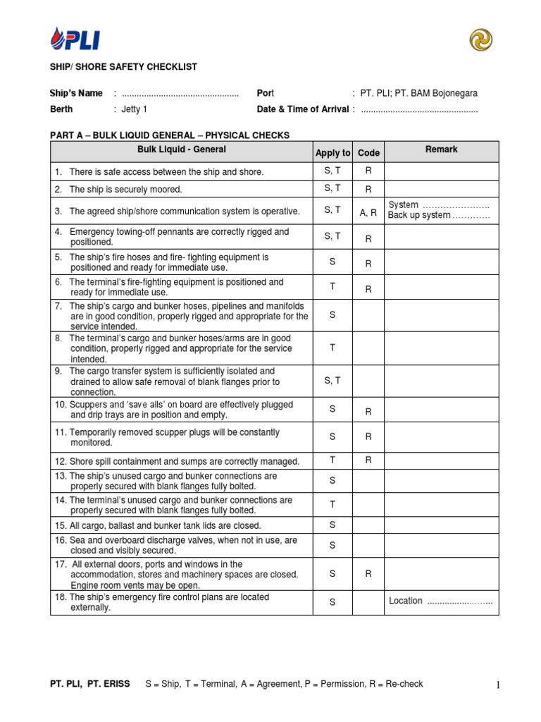 Ship and Shore Safety Checklist | PDF | Flashlight | Ships