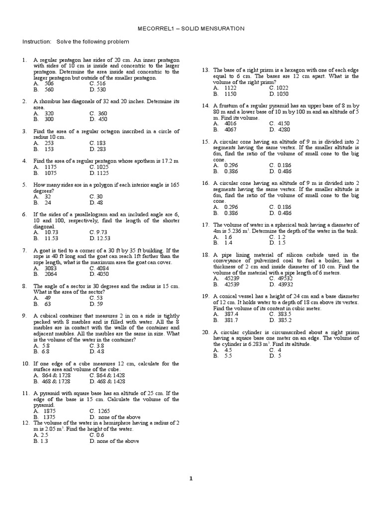 Solid Mensuration | PDF | Volume | Area