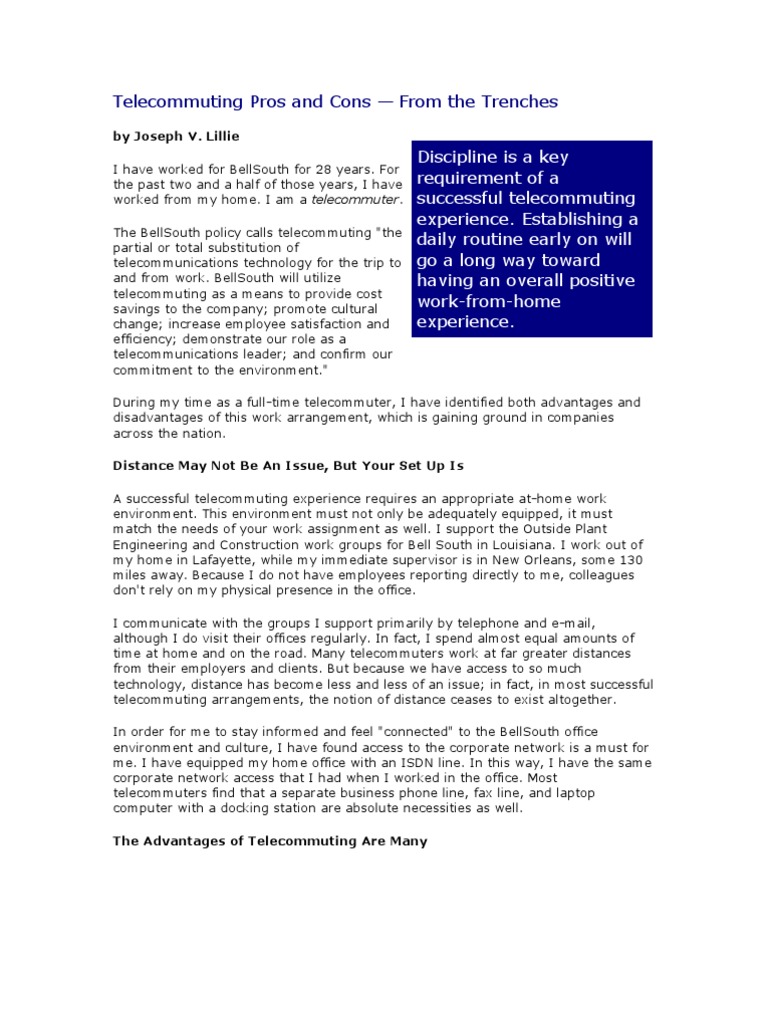 Telecommuting: Pros and Cons Explained | PDF | Telecommuting | Lease