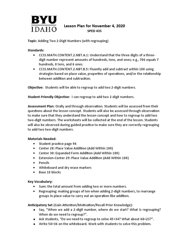 Adding Two 2-Digit Numbers With Regrouping Lesson Plan | PDF ...