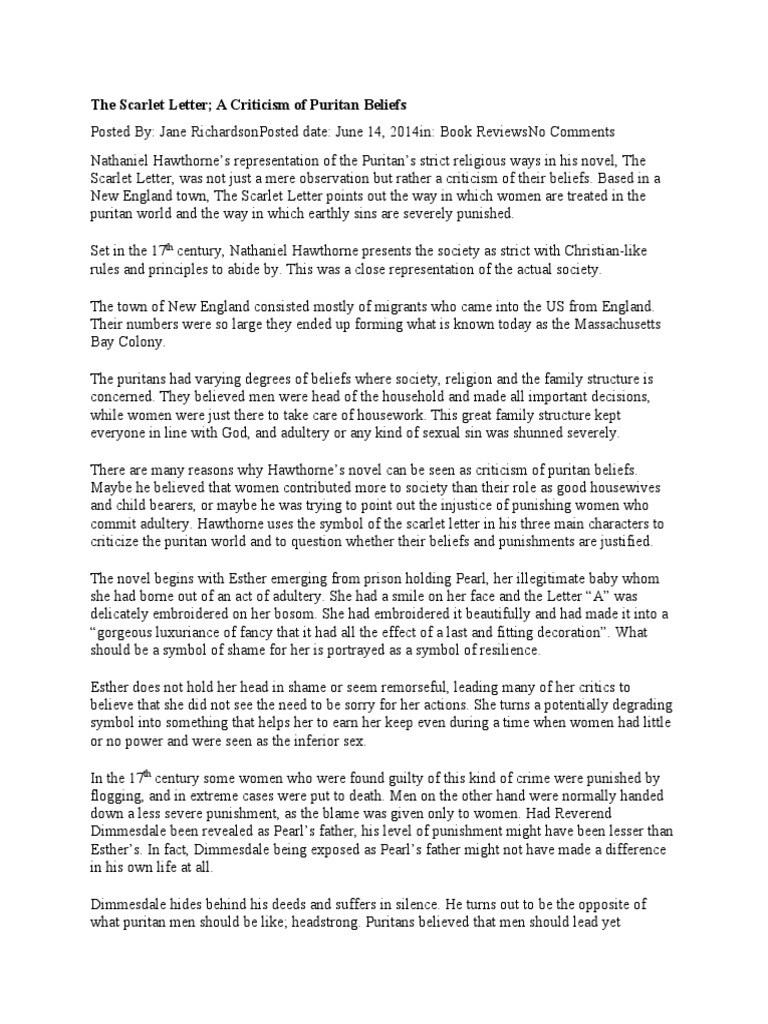 The Scarlet Letter A Criticism of Puritan Beliefs | PDF | The Scarlet ...