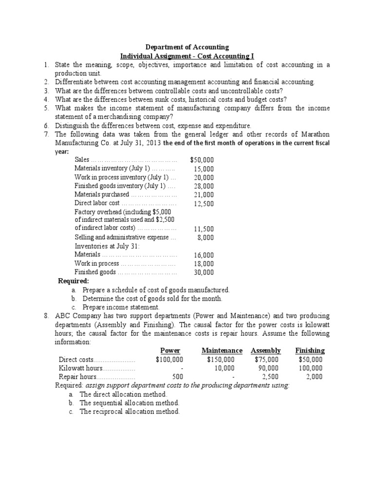 Department of Accounting Individual Assignment - Cost Accounting I ...