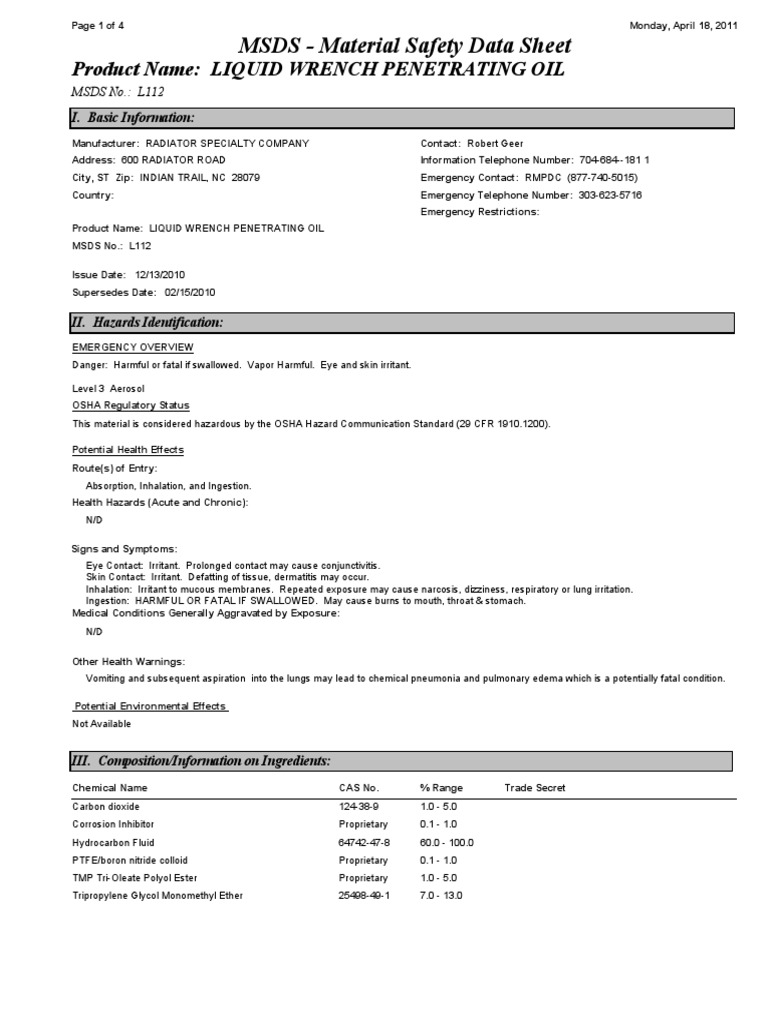 MSDS - Material Safety Data Sheet: Product Name: Liquid Wrench ...