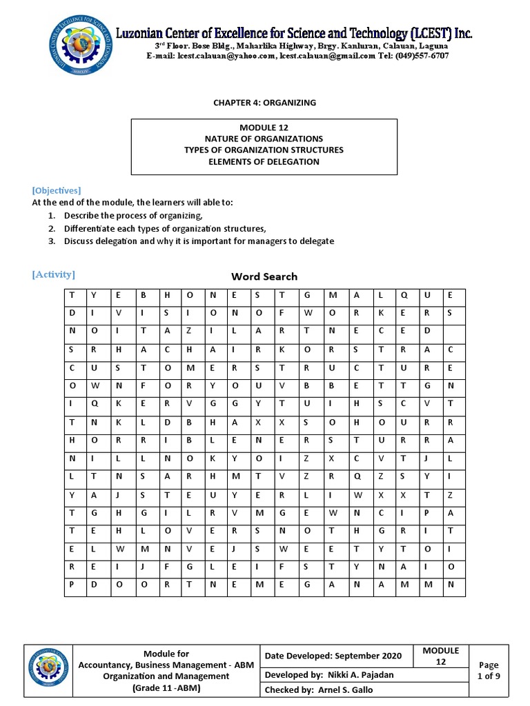 Organizing in Management: Grade 11 Module | PDF | Organizational ...