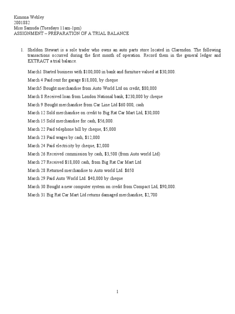 Assignment For FOA - The Trial Balance | PDF | Cheque | Banks