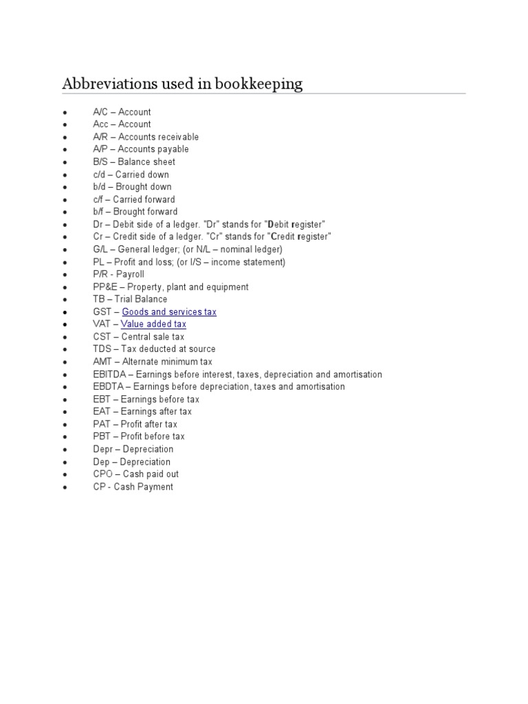 Abbreviations Used in Bookkeeping | PDF | Finance & Money Management