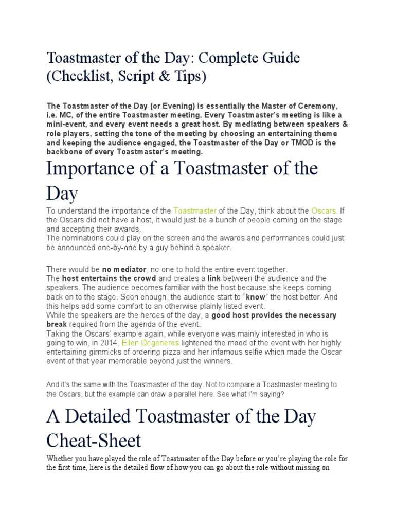 Toastmaster of The Day-FULL SCRIPT | PDF
