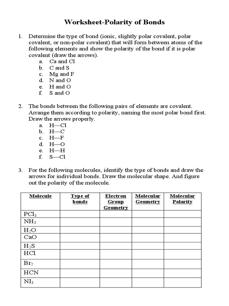 Bond Polarity and Molecular Polarity Worksheet | PDF | Teaching Methods ...