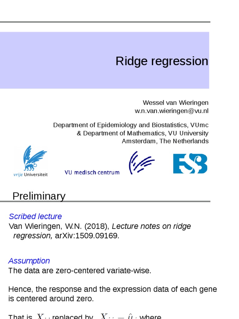 WNvanWieringen HDDA Lecture234 RidgeRegression 20182019 PDF | PDF | Logistic Regression ...