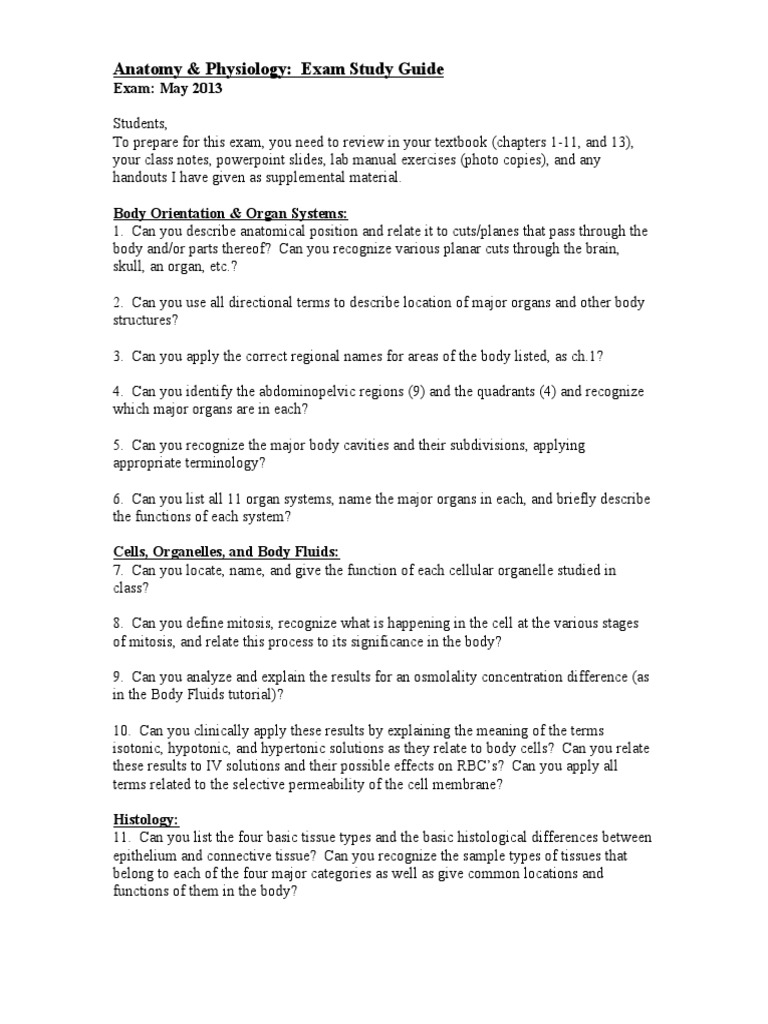 Anatomy & Physiology: Exam Study Guide | PDF | Neuron | Zoology