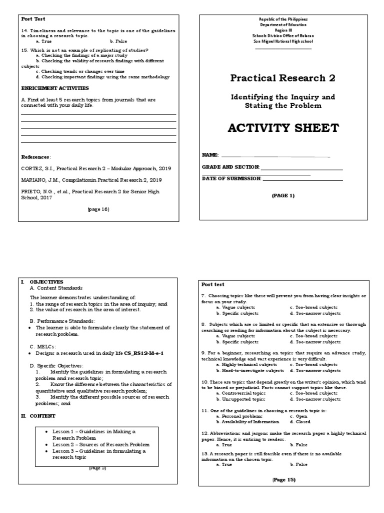 Activity Sheet: Practical Research 2 | PDF | Dependent And Independent ...