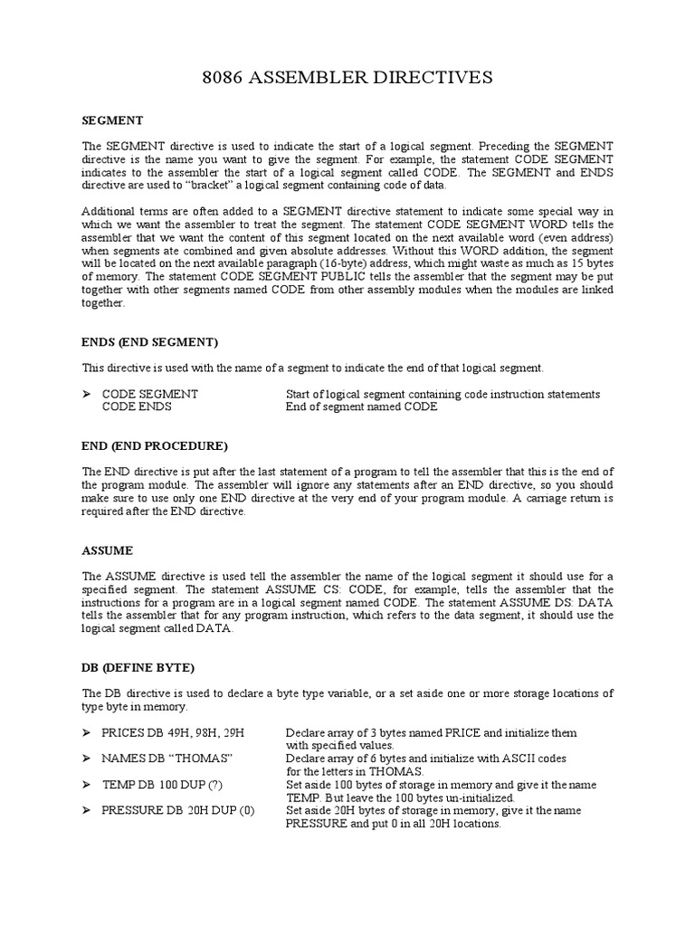 8086 Assembler Directives: Segment | PDF | Assembly Language | Subroutine