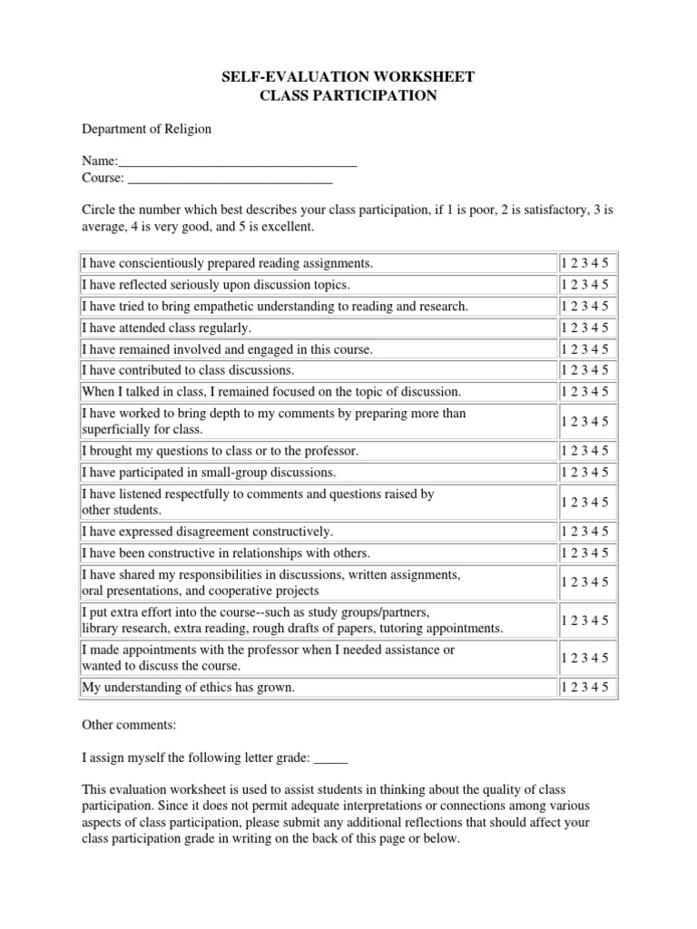 Self-Evaluation Worksheet Class Participation | PDF | Behavior Modification | Psychological Concepts