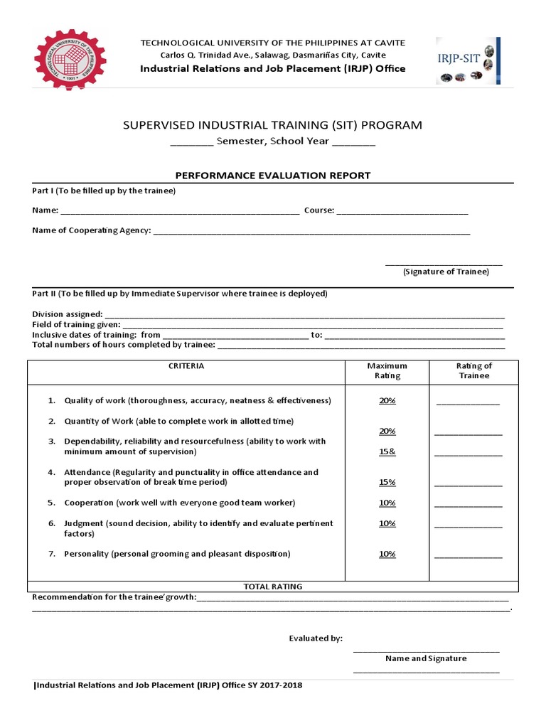 Supervised Industrial Training (Sit) Program: Industrial Relations and Job Placement (IRJP ...
