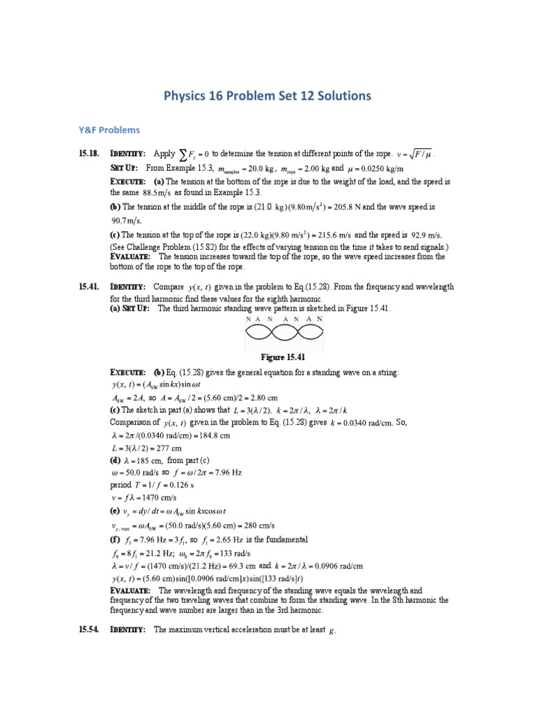 Physics 16 Problem Set 12 Solutions: Y&F Problems | PDF | Waves | Harmonic