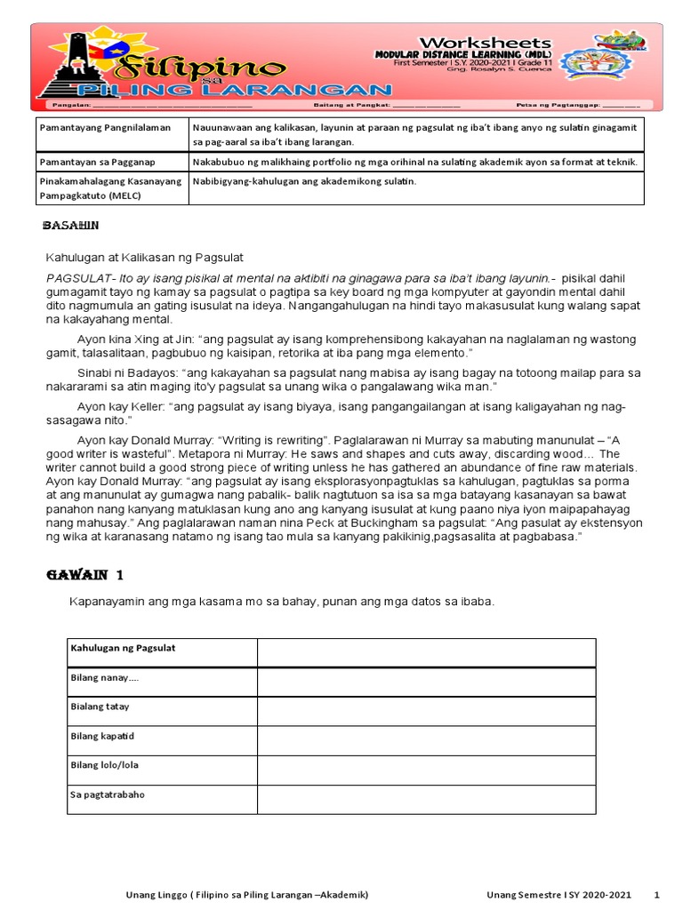 Filipino Sa Piling Larang Akademik Unang Linggo PDF | PDF