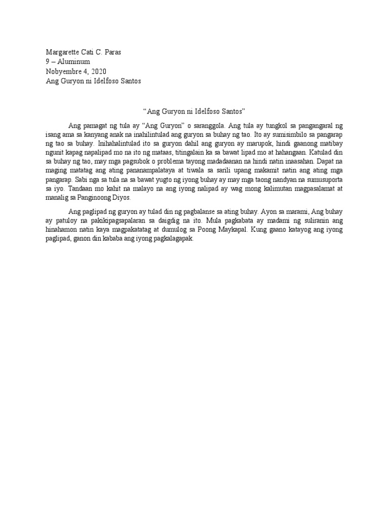 Ang Guryon Ni Idelfoso Santos (Interpretation) | PDF