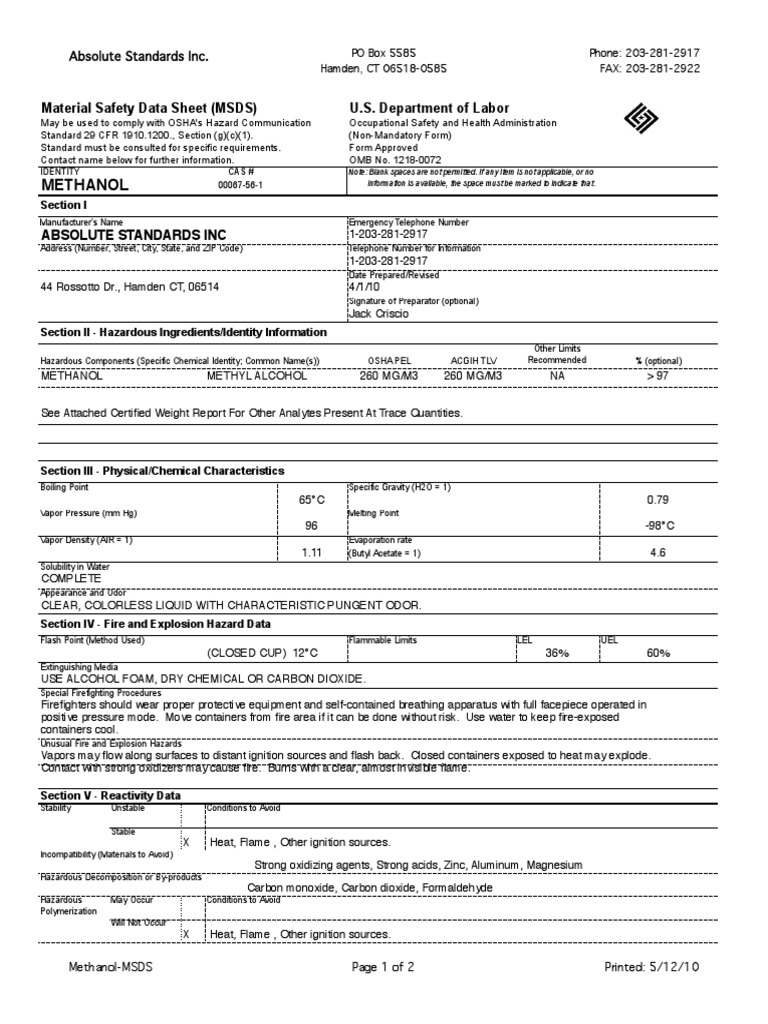 Absolute Standard Methanol - 5127 | PDF | Personal Protective Equipment ...