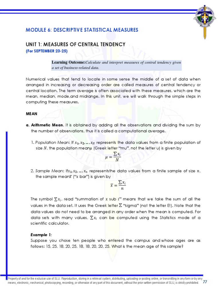 Module 6 Unit 1 Measures of Central Tendency PDF | PDF | Arithmetic Mean | Mean