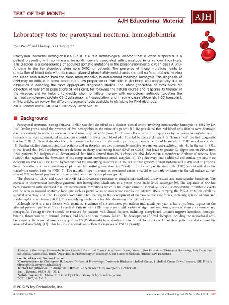 Laboratory Tests For Paroxysmal Nocturnal Hemoglobinuria | PDF ...