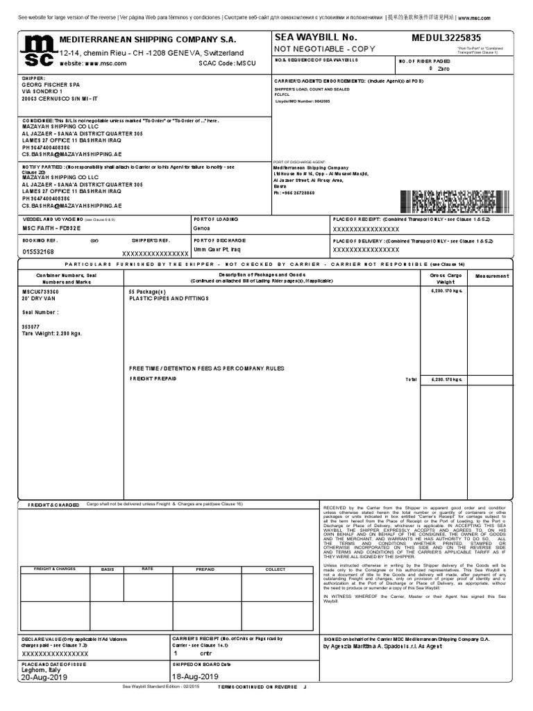 MBL SWB PDF | PDF | Cargo | Freight Transport