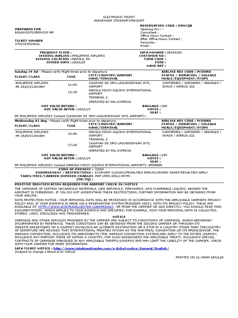 Philippine Airlines e-ticket itinerary | PDF | Airlines | Airport