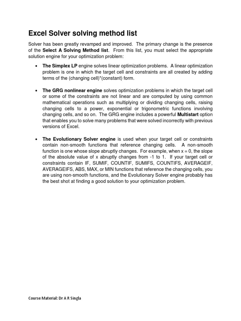 Excel Solver Solving Method List: Course Material: DR A R Singla | PDF | Linear Programming ...