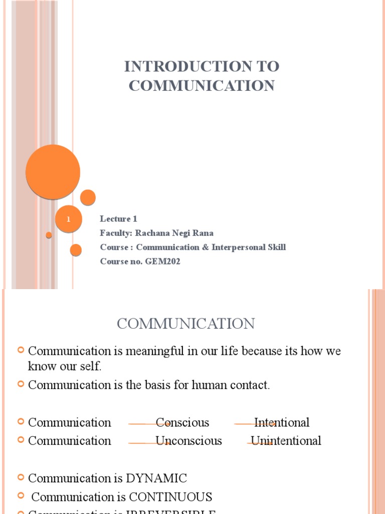 Lecture 1 - Introduction To Communication | PDF | Self Efficacy | Communication