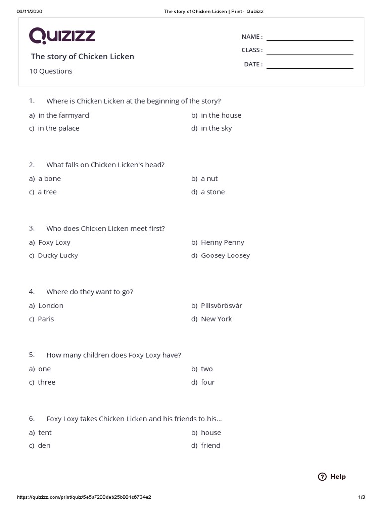 The Story of Chicken Licken - Print - Quizizz | PDF