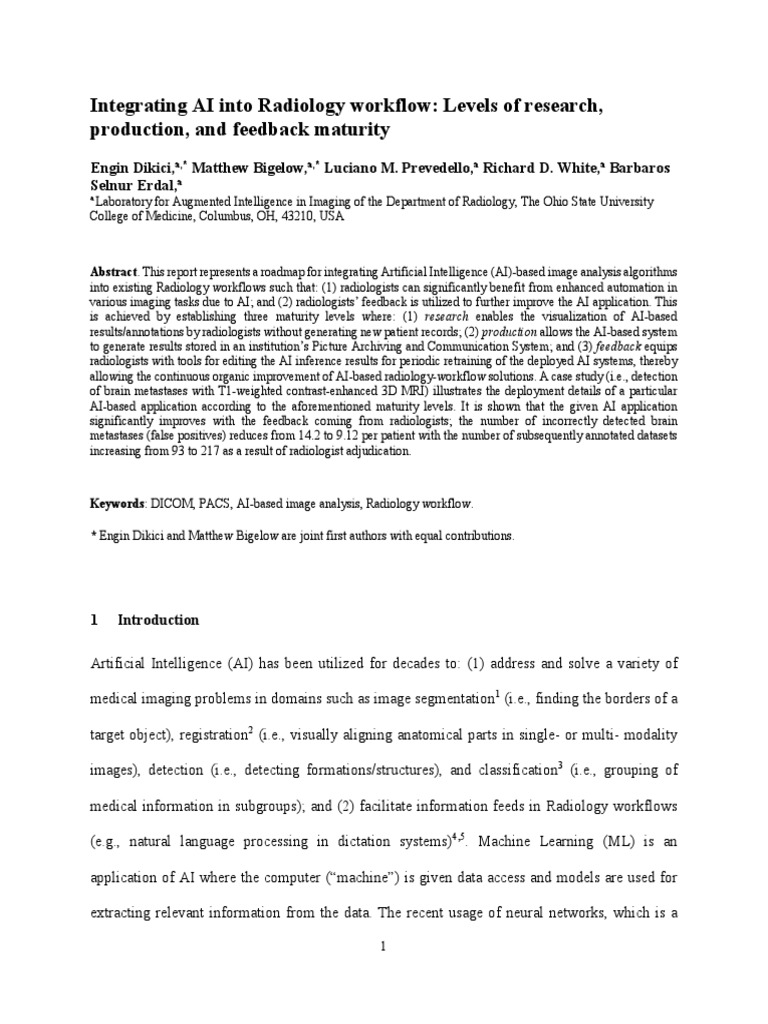 001 - Integrating AI Into Radiology Workflow - Levels of Research, Production, and Feedback ...