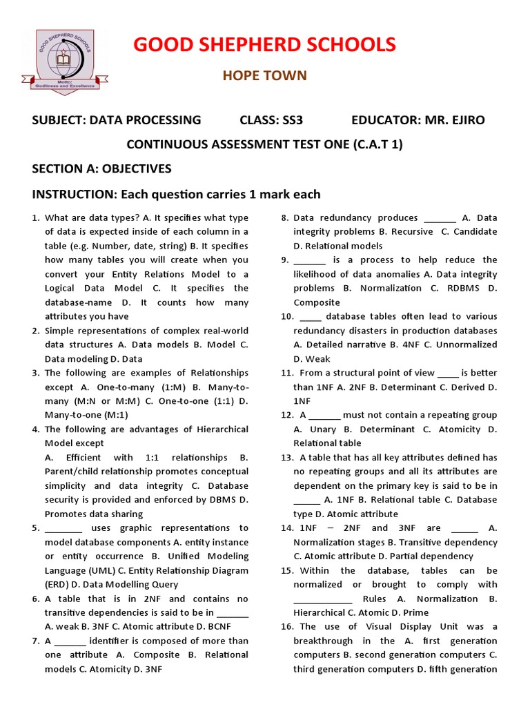 SS3 Data Processing Pre-WAEC | PDF | Relational Database | Databases SS3 Data Processing Pre-WAEC | PDF | Relational Database | Databases