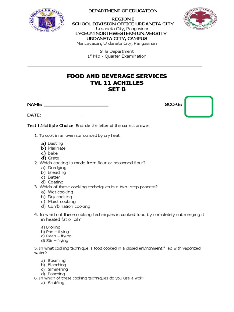 Food and Beverage Services TVL 11 Achilles Set B: Test I.Multiple ...