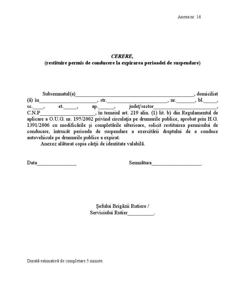 Cerere Restituire Permis Suspendat | PDF