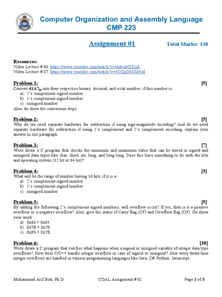 CMP223 COAL Assignment 01 PDF | PDF | Integer (Computer Science) | Software Engineering