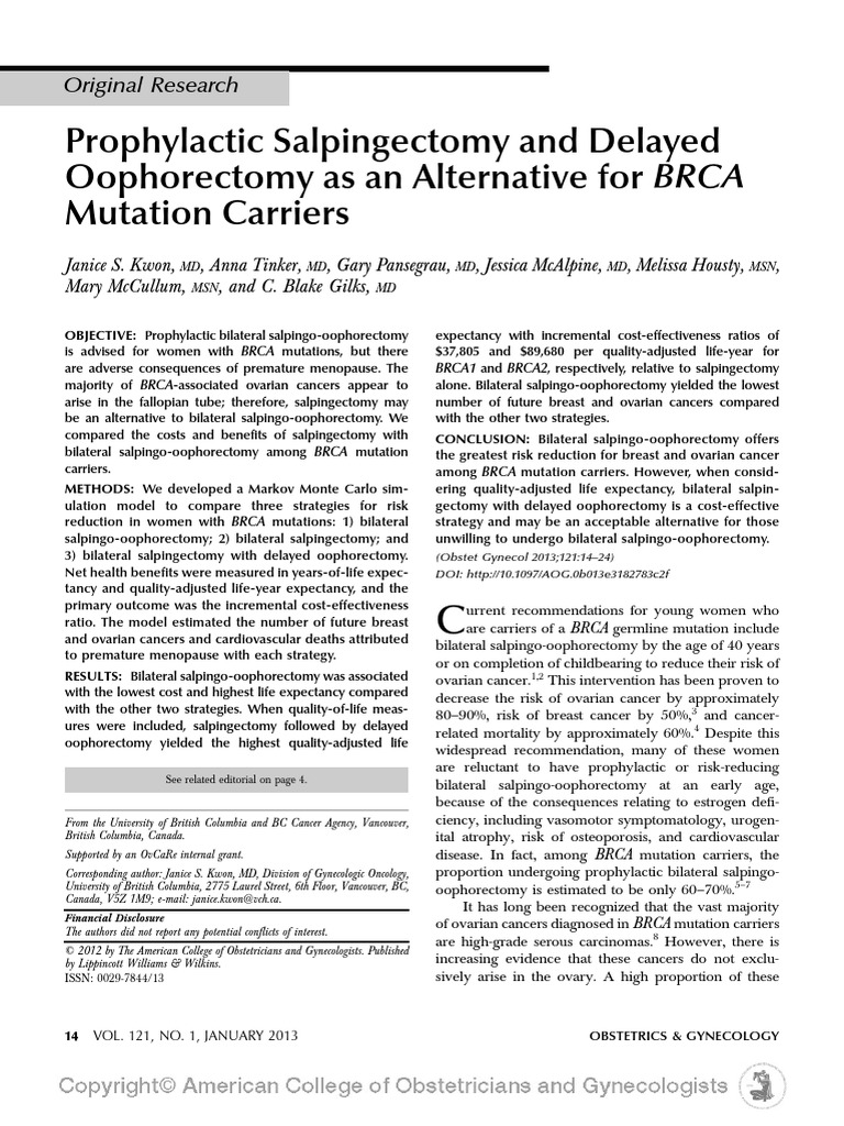 Prophylactic Salpingectomy and Delayed.5 | PDF | Ovarian Cancer ...