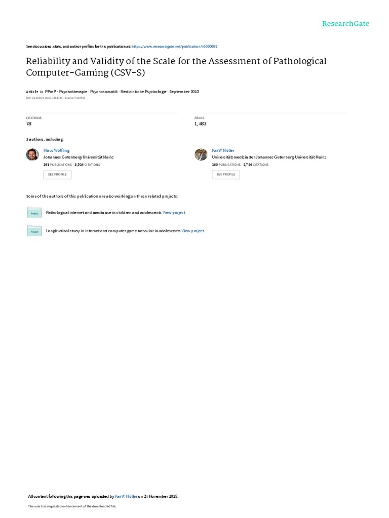 Reliability and Validity of The Scale For The Assessment of Pathological Computer-Gaming (CSV-S ...