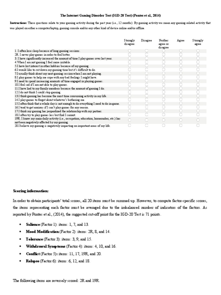 The Internet Gaming Disorder Test (IGD-20 Test) (Pontes Et Al., 2014 ...