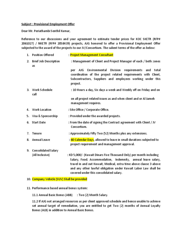 Provisional Employment Offer PRSKumar | PDF | Employee Relations ...