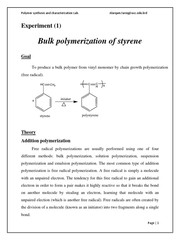 Bulk Polymerization of Styrene: Experiment | PDF | Polymerization ...