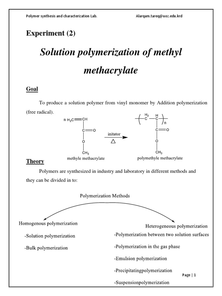 Solution Polymerization of Methyl Methacrylate | PDF | Polymerization ...