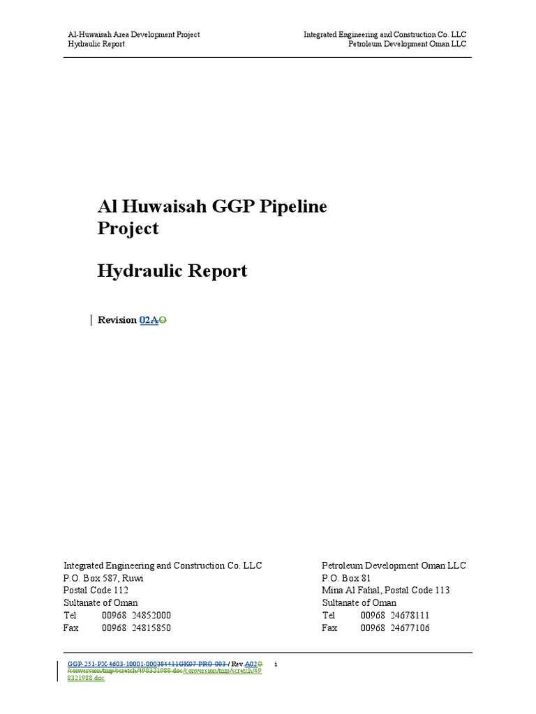 Al Huwaisah GGP Pipeline Project Hydraulic Report: Revision | PDF ...