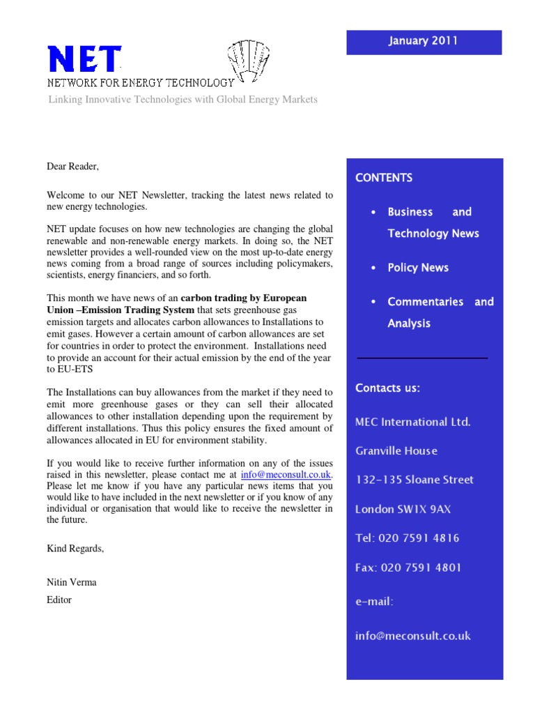 NET Newsletter January 2011 | PDF | Emissions Trading | Greenhouse Gas