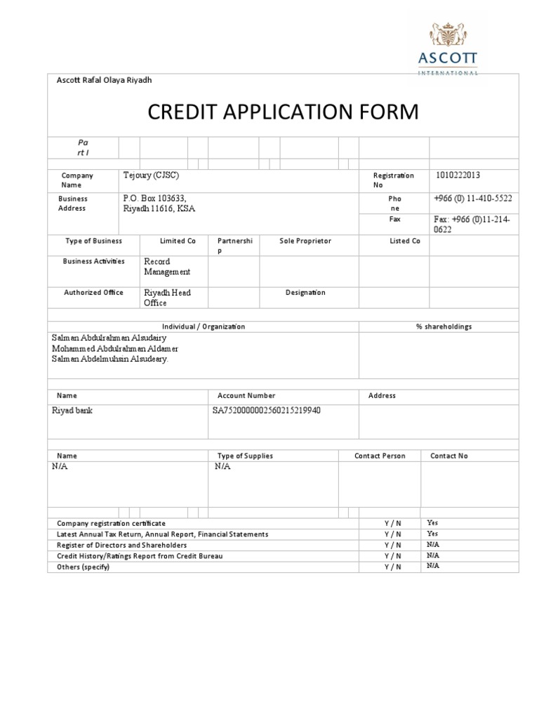 Business Credit Application Form KSA | PDF | Credit | Finance & Money ...