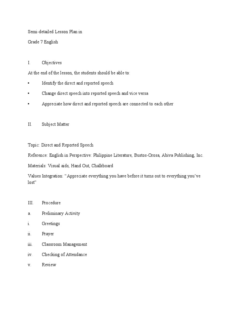 Semi-Detailed Lesson Plan in Direct and Reported Speech | PDF ...