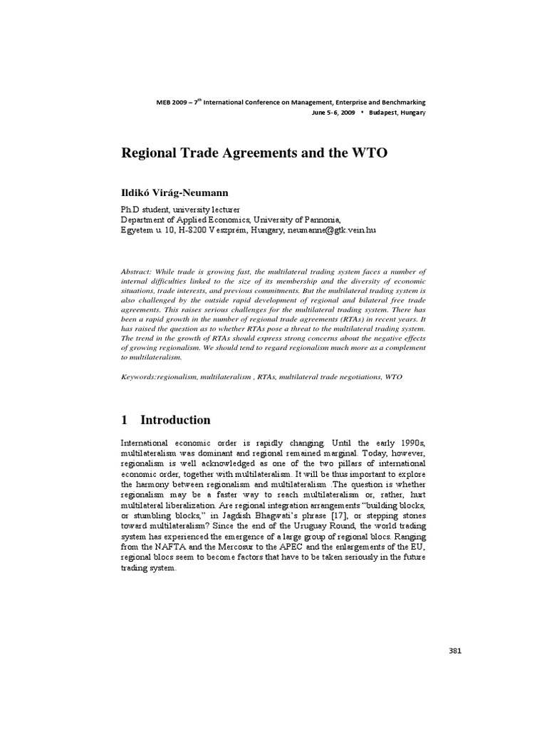 Regional Trade Agreements and The WTO: Ildikó Virág-Neumann | PDF ...