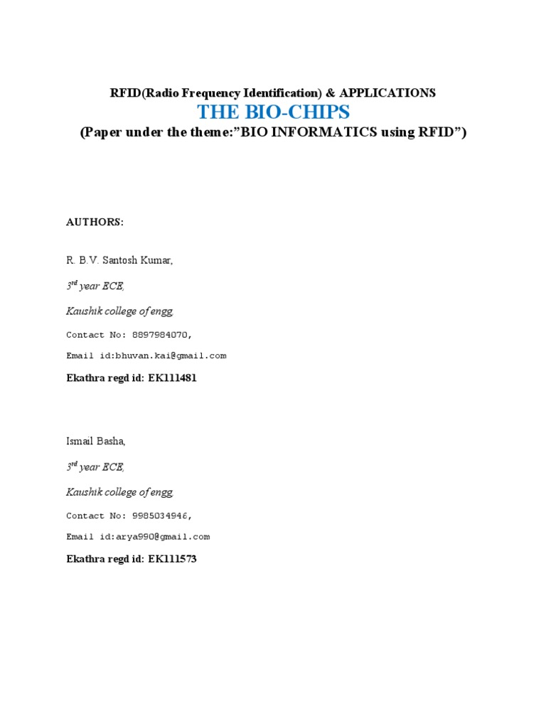 Rfid Bio-Chips Paper | PDF | Radio Frequency Identification | Light