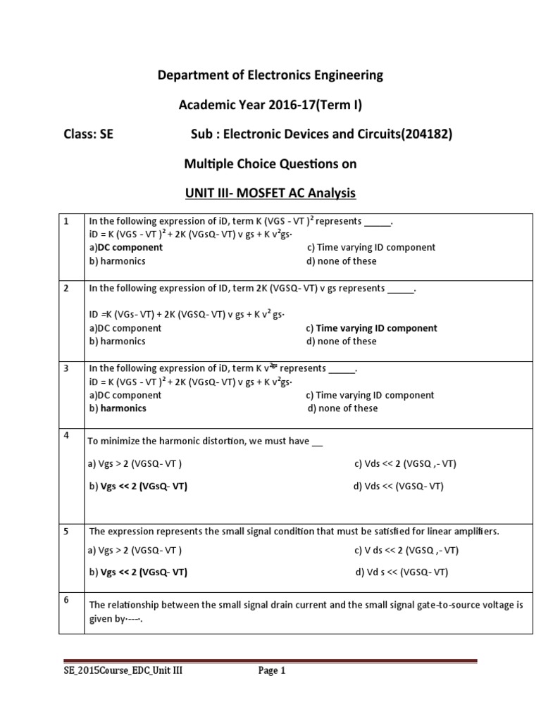 Unit III - MCQs | PDF | Amplifier | Mosfet