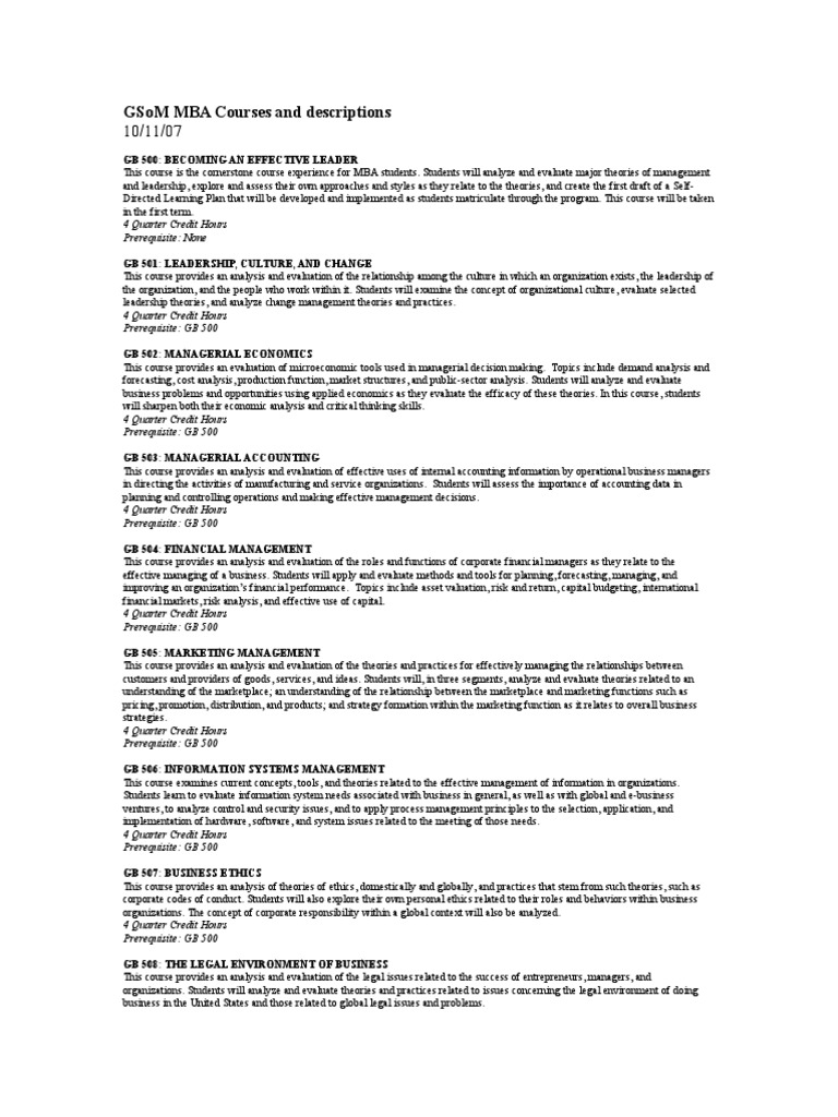 Gsom Mba Courses and Descriptions | PDF | Entrepreneurship | Marketing